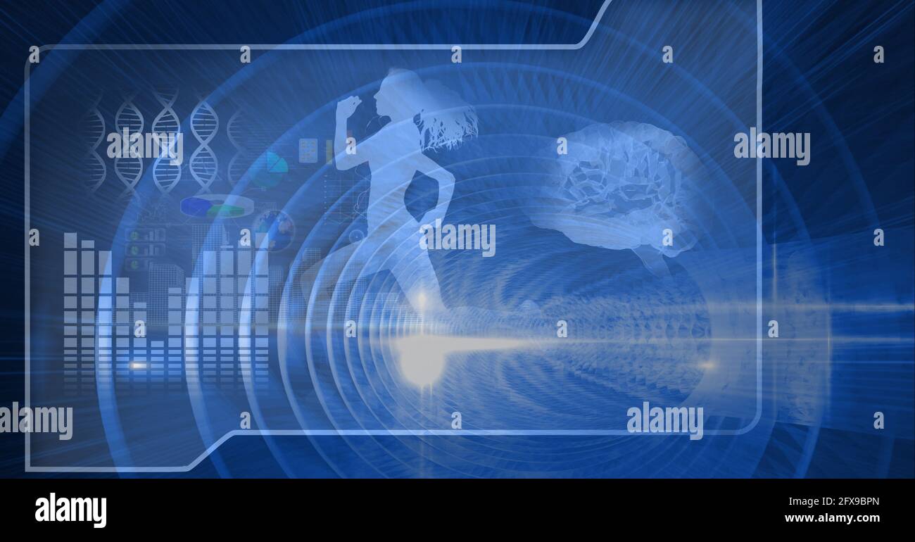 Composition of woman running, dna strand and scientific data processing ...