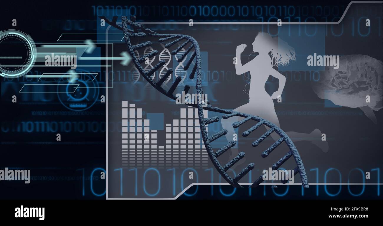 Composition of dna strand and scientific digital icons with binary ...
