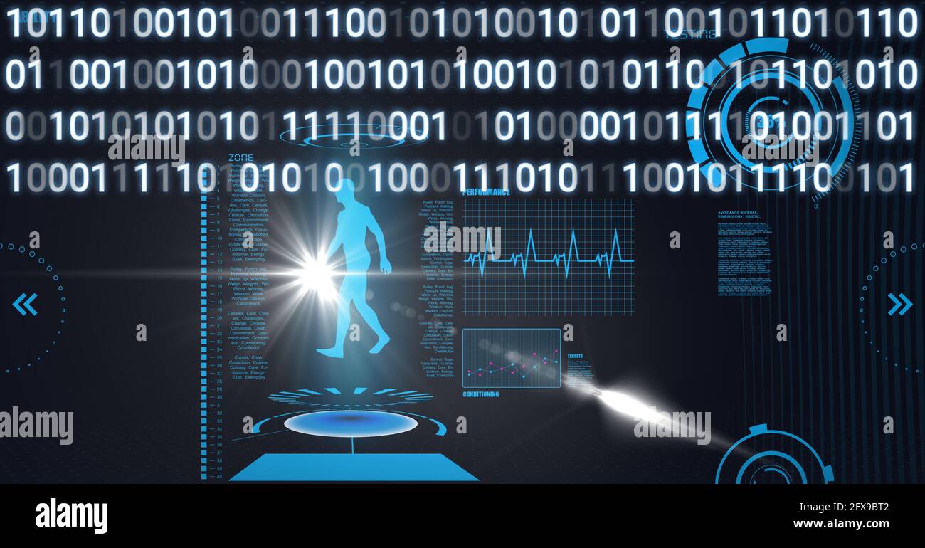 Composition of blue human body and scientific digital icons with binary ...