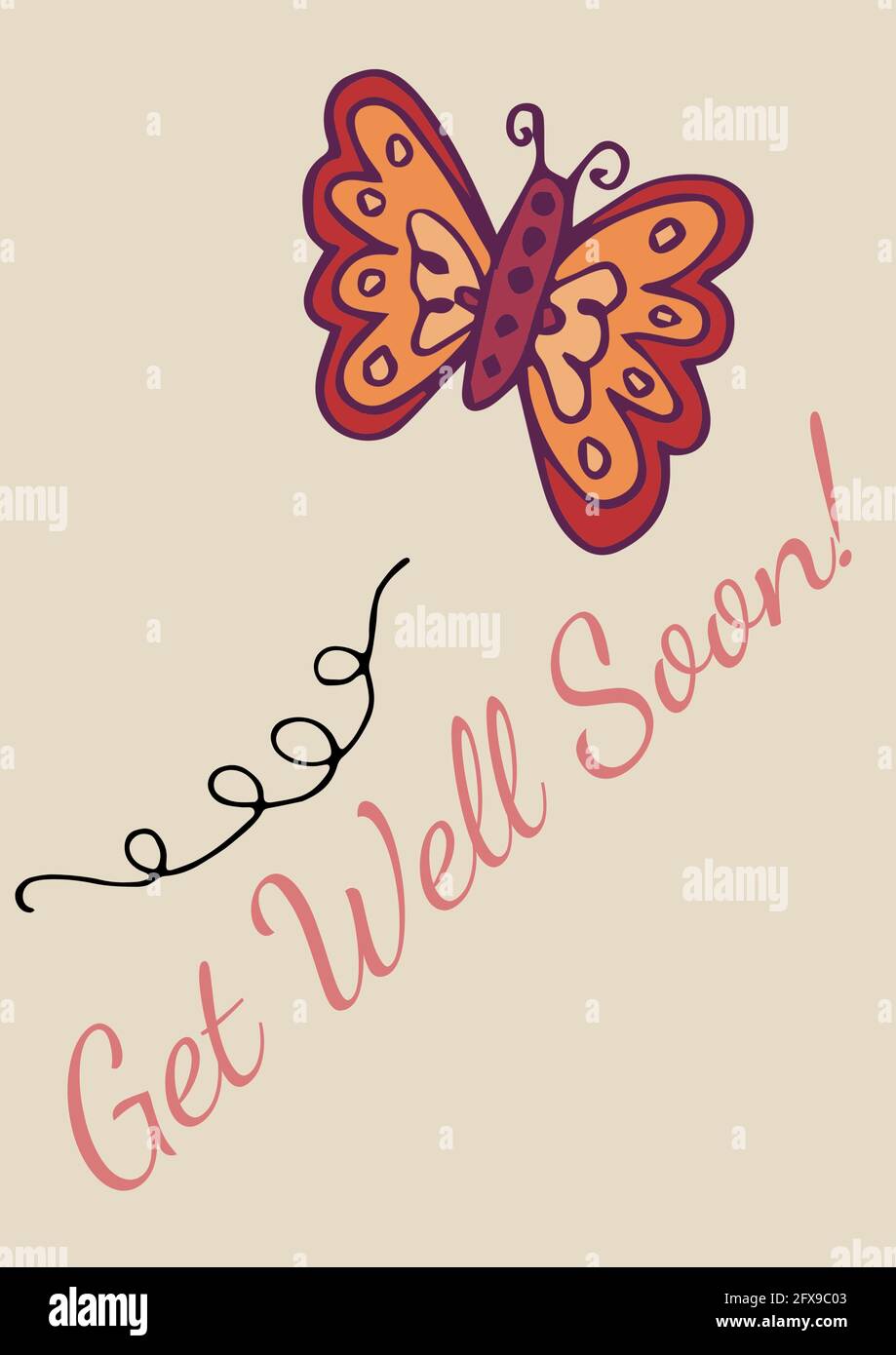 Composition of get well soon text with butterfly on pink background ...
