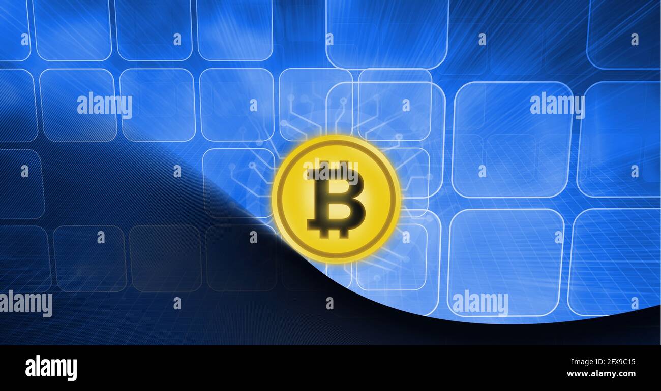 Composition of bitcoin symbols over connections on blue background ...