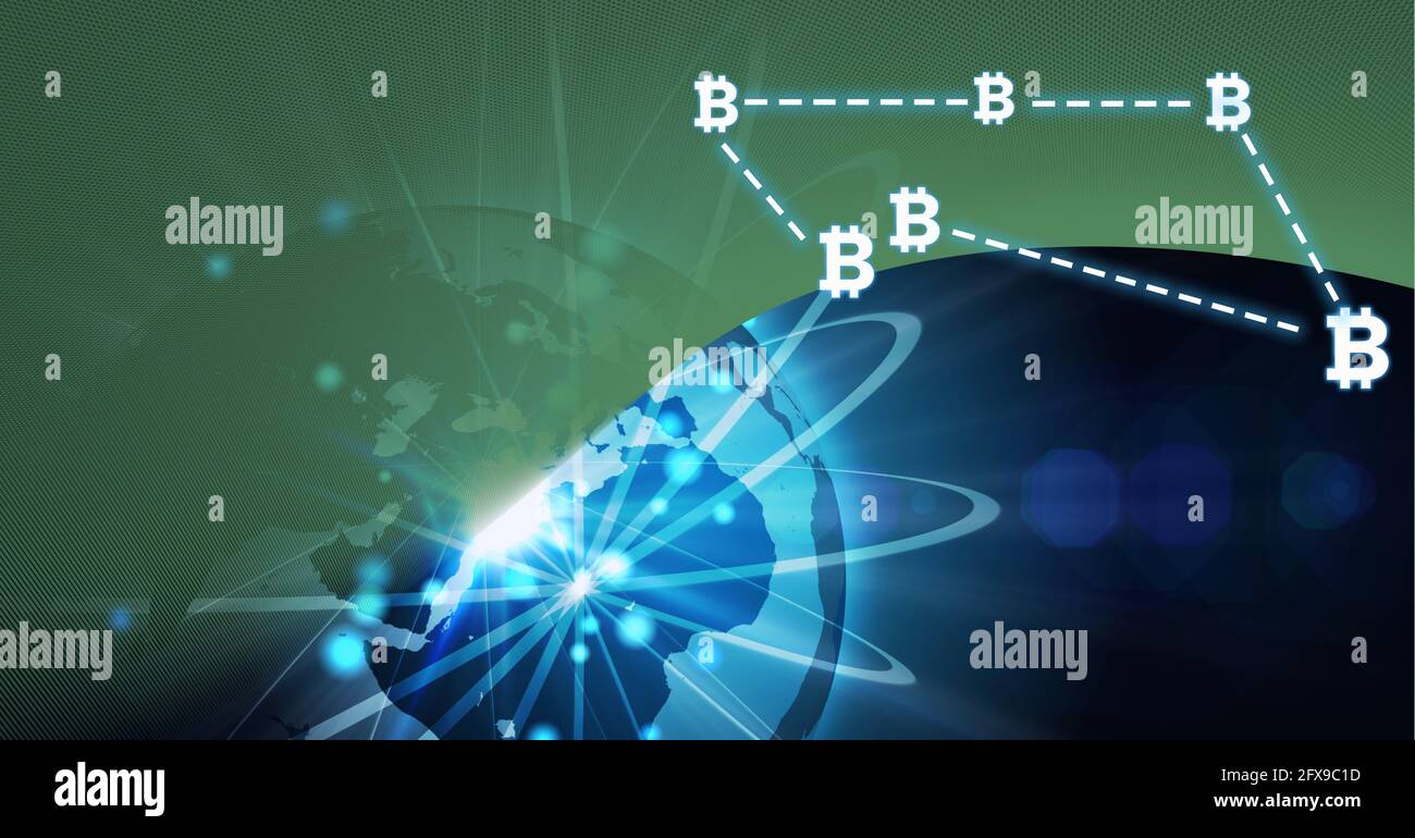 Composition of bitcoin symbols over connections, globe and on green ...