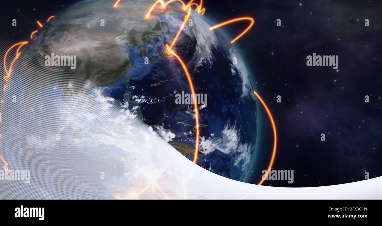 Composition of globe with paths of light floating in space with white ...