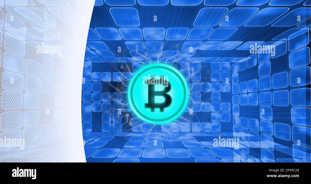 Composition of bitcoin symbols over connections on blue background ...