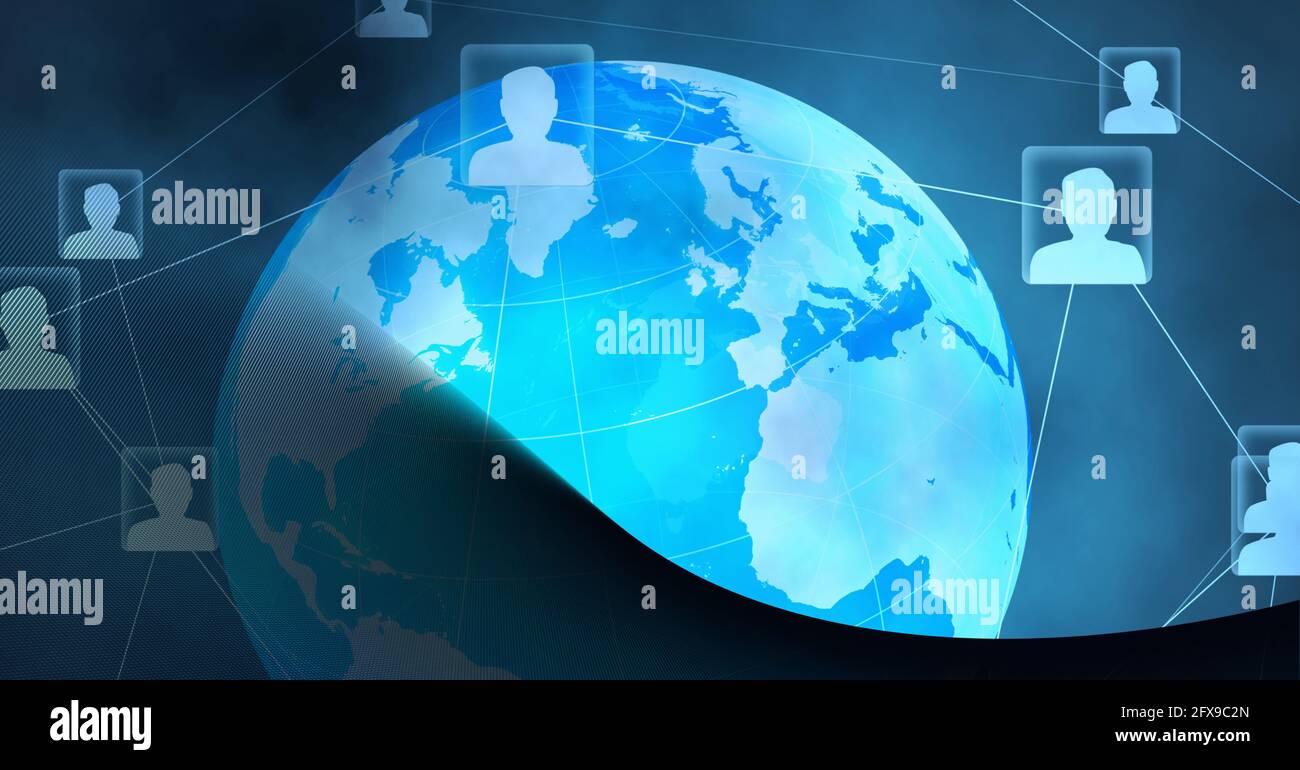 Composition of network of people icons over globe on blue background ...