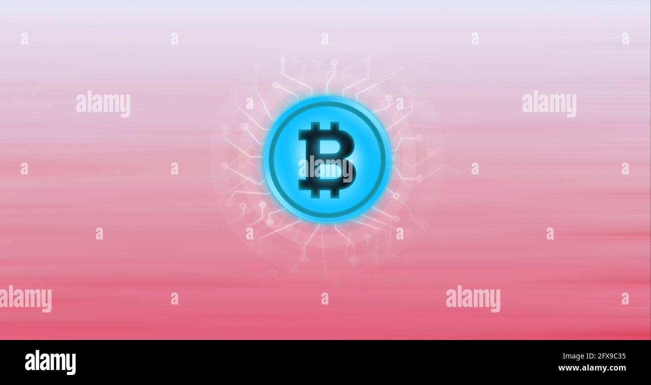 Composition of blue bitcoin symbol with connections on pink background ...