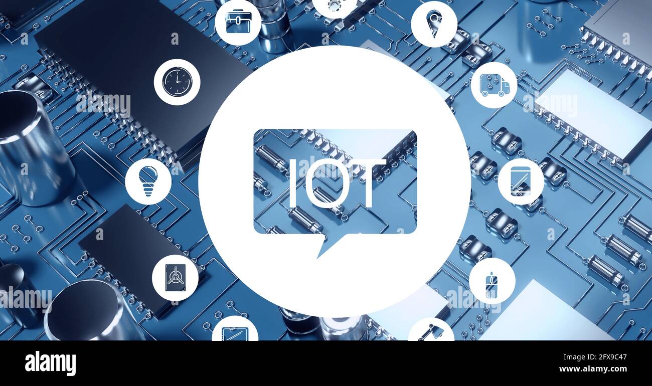 Composition of iot text and network of digital icons over computer ...