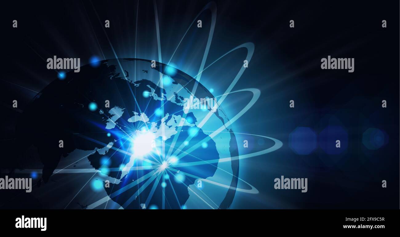 Composition of network of connections over glowing globe Stock Photo ...