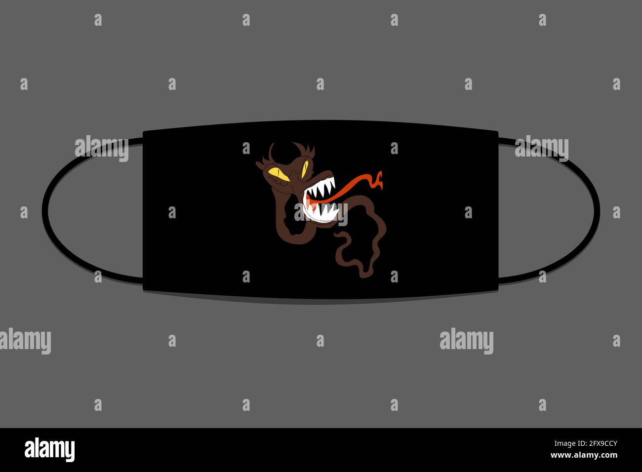 Scary worm monster on a protective face mask. Funny evil serpent or ...