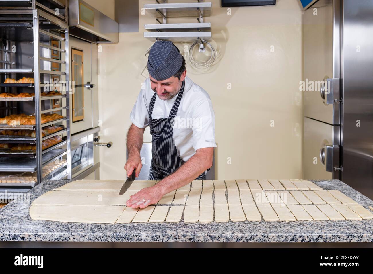 Stages of preparation, pastry chef prepares chocolate brioche in pastry ...