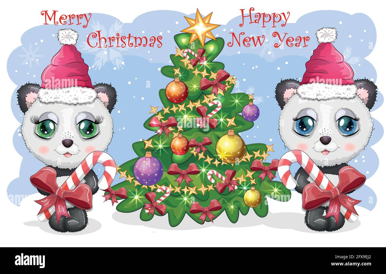 Couple Cute cartoon panda bear with big eyes in a red Santa Claus hat ...