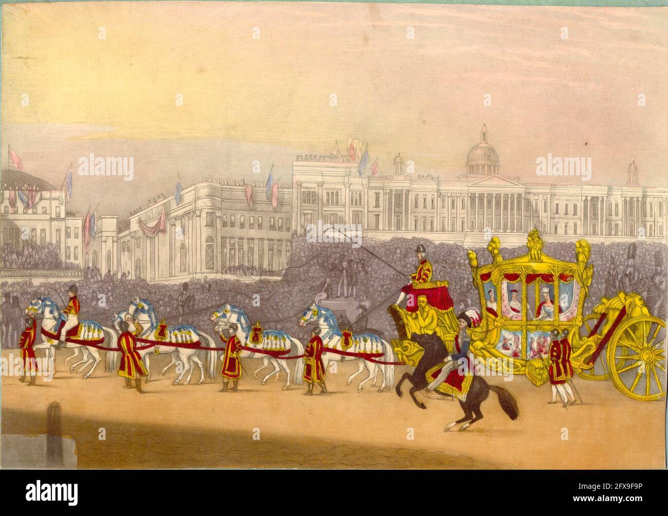 Hand coloured print of Queen Victoria in her Coronation coach 1840 ...