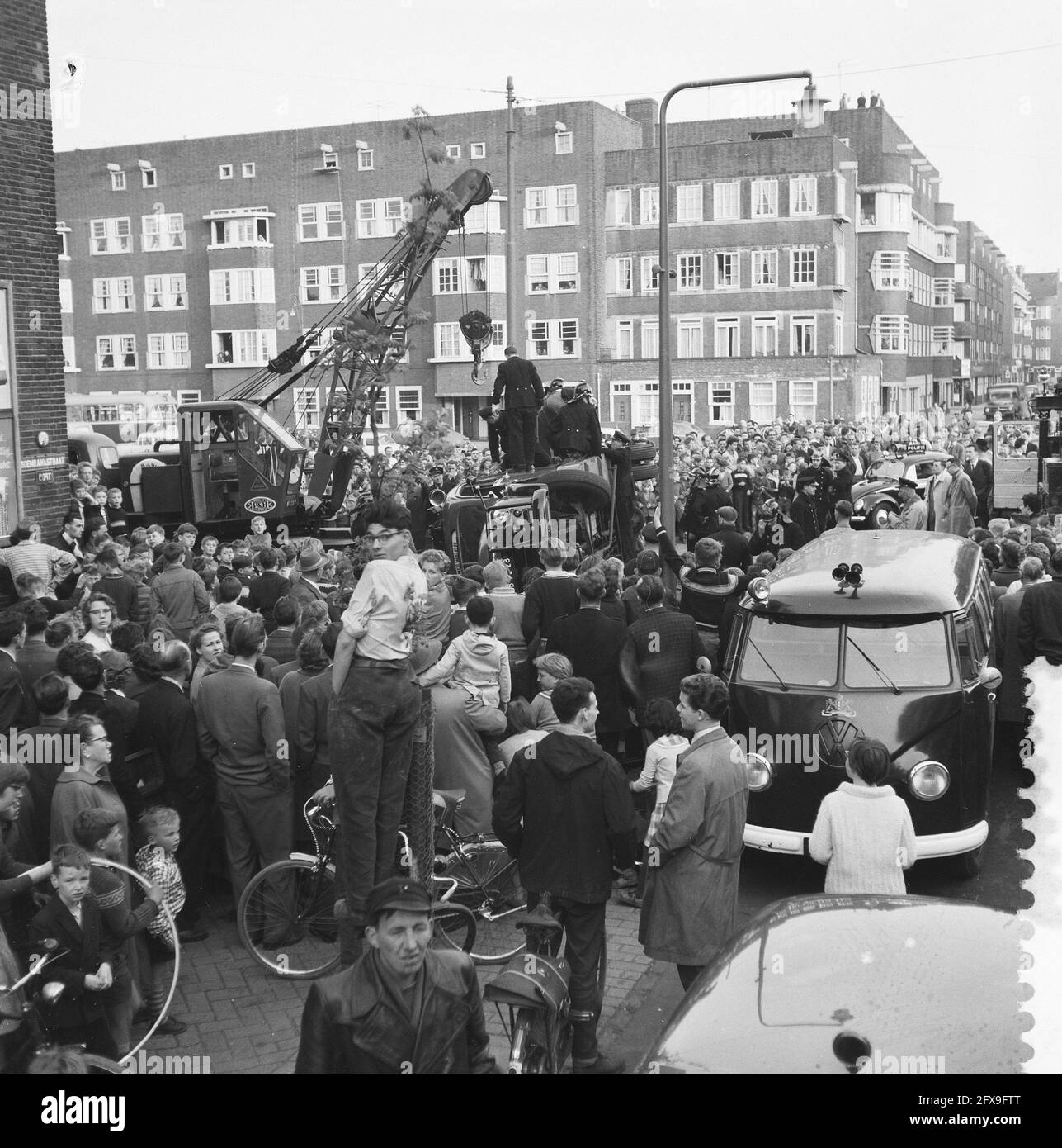 Fire engine overturned on way to fire, overview, April 20, 1960, Fire ...
