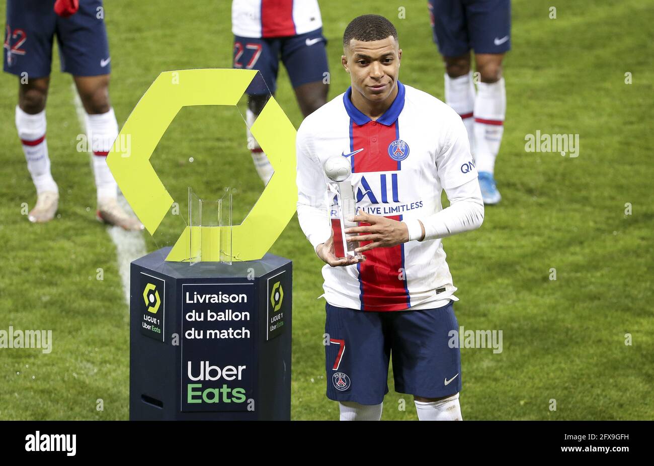 Kylian Mbappe of PSG receives the trophy of 'best scorer of the season ...