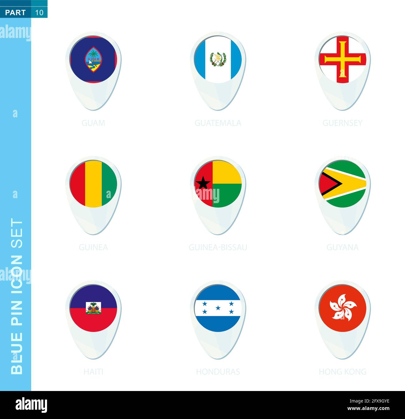 Pin flag set, map location icon in blue colors with flag of Guam ...