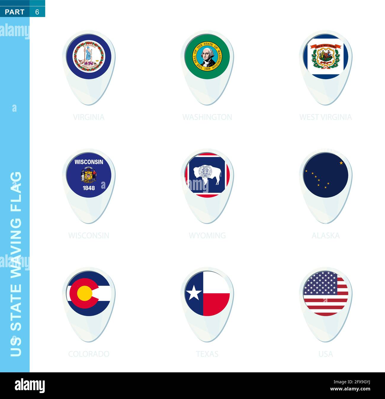 Pin flag set, map location icon in blue colors with USA state flag of ...