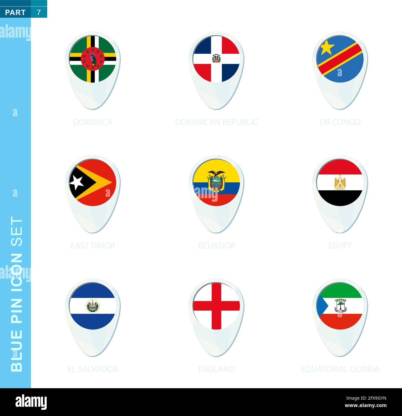 Pin flag set, map location icon in blue colors with flag of Dominica ...