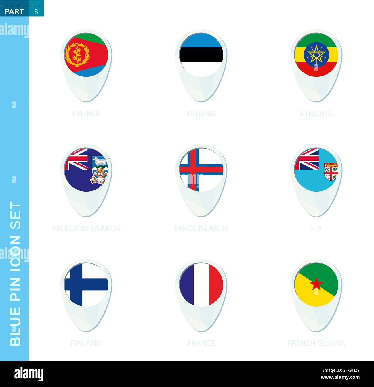 Pin flag set, map location icon in blue colors with flag of Eritrea ...