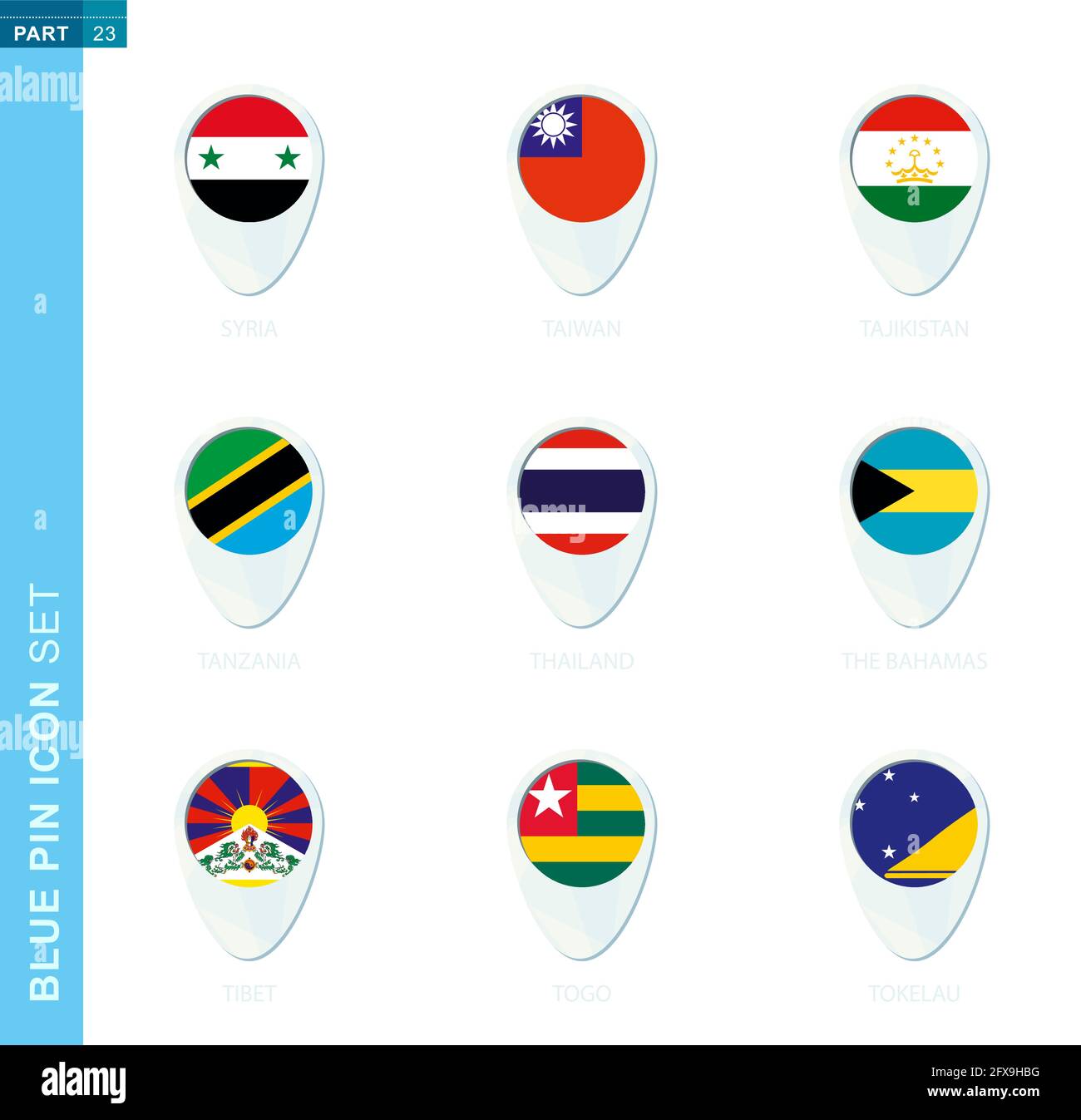 Pin flag set, map location icon in blue colors with flag of Syria, Taiwan, Tajikistan, Tanzania ...