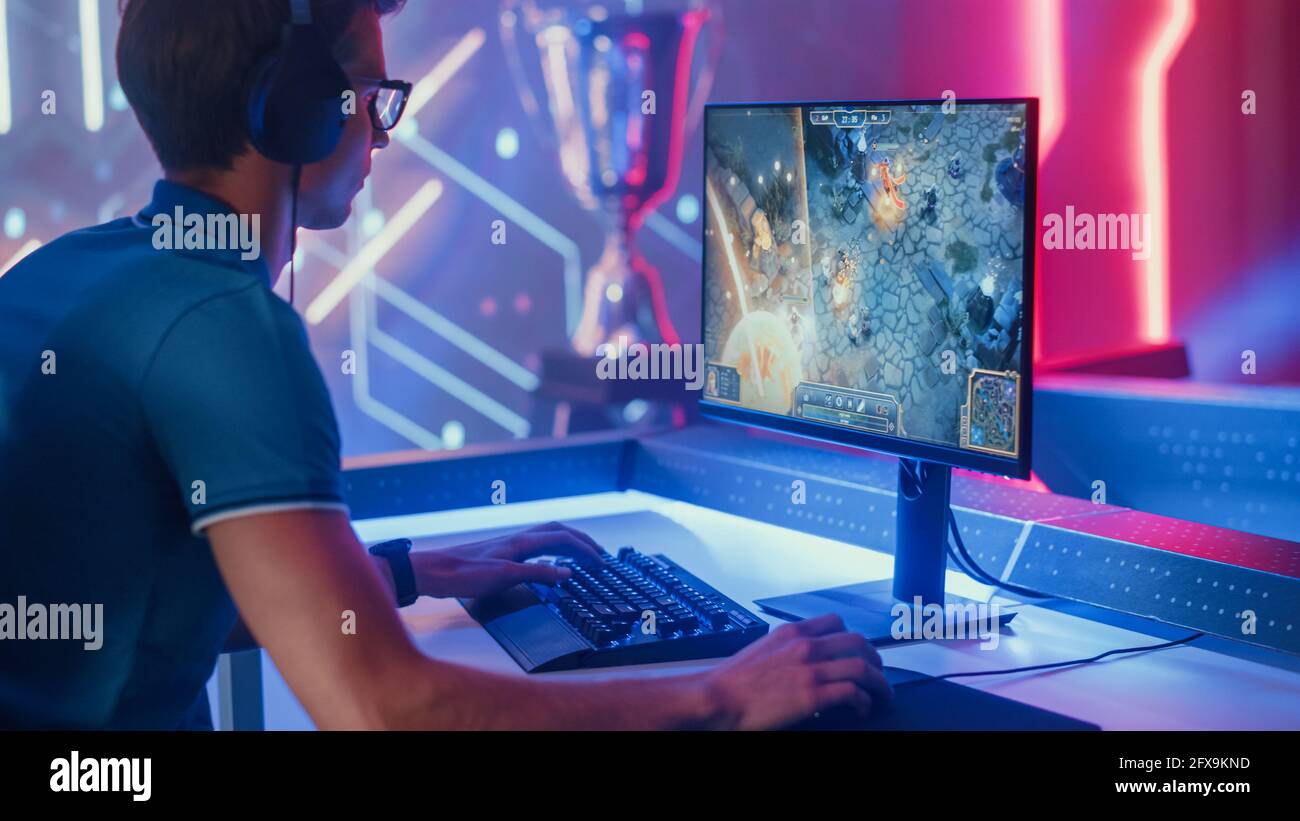 Professional eSports Gamer Plays RPG MOBA Mock-up Video Game with Super ...