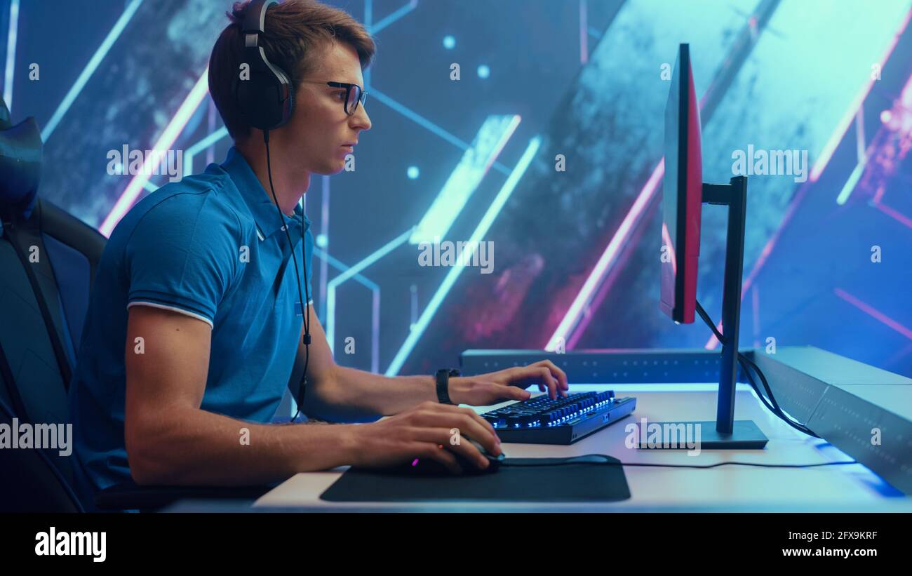 Professional eSports Gamer Plays RPG MOBA Mock-up Video Game with Super ...