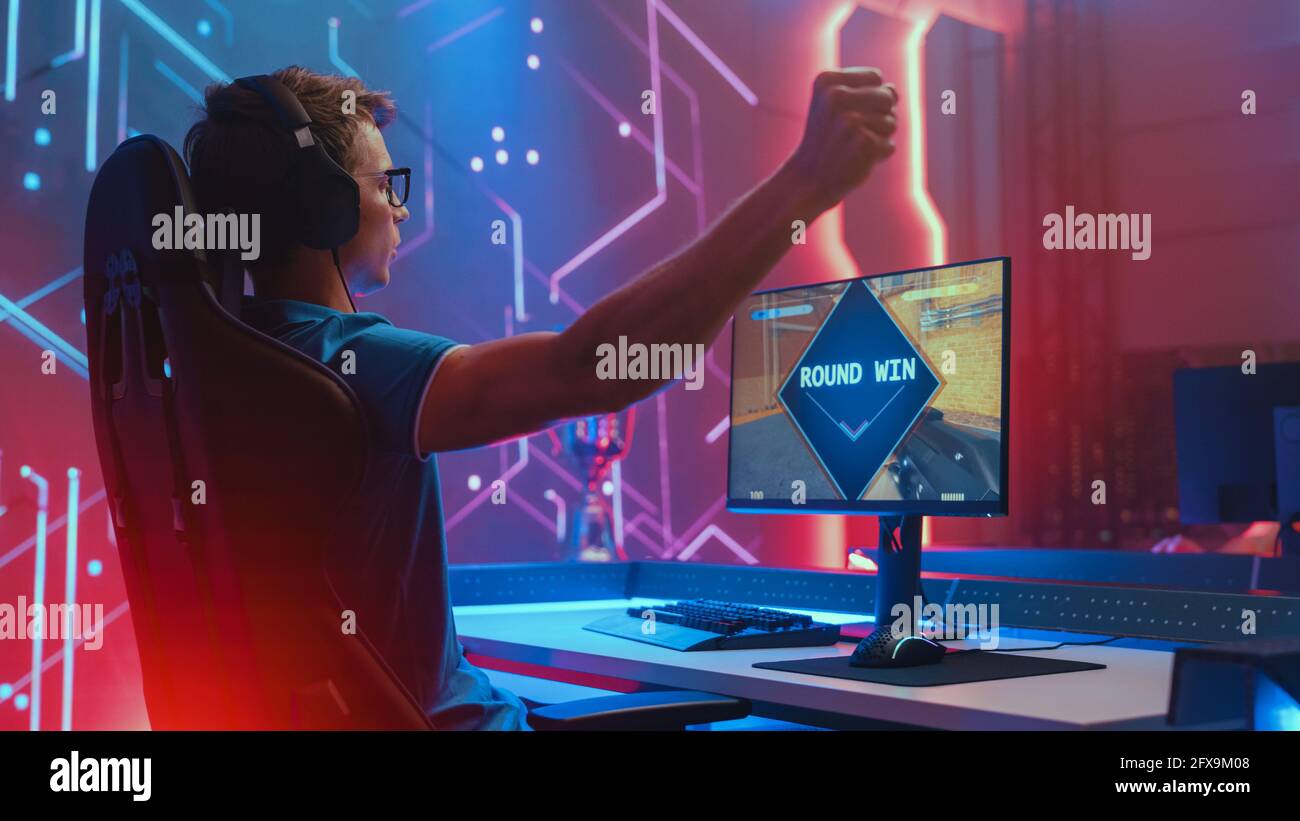 Professional eSports Gamer Plays Mock-up 3D First Person Shooter Video ...