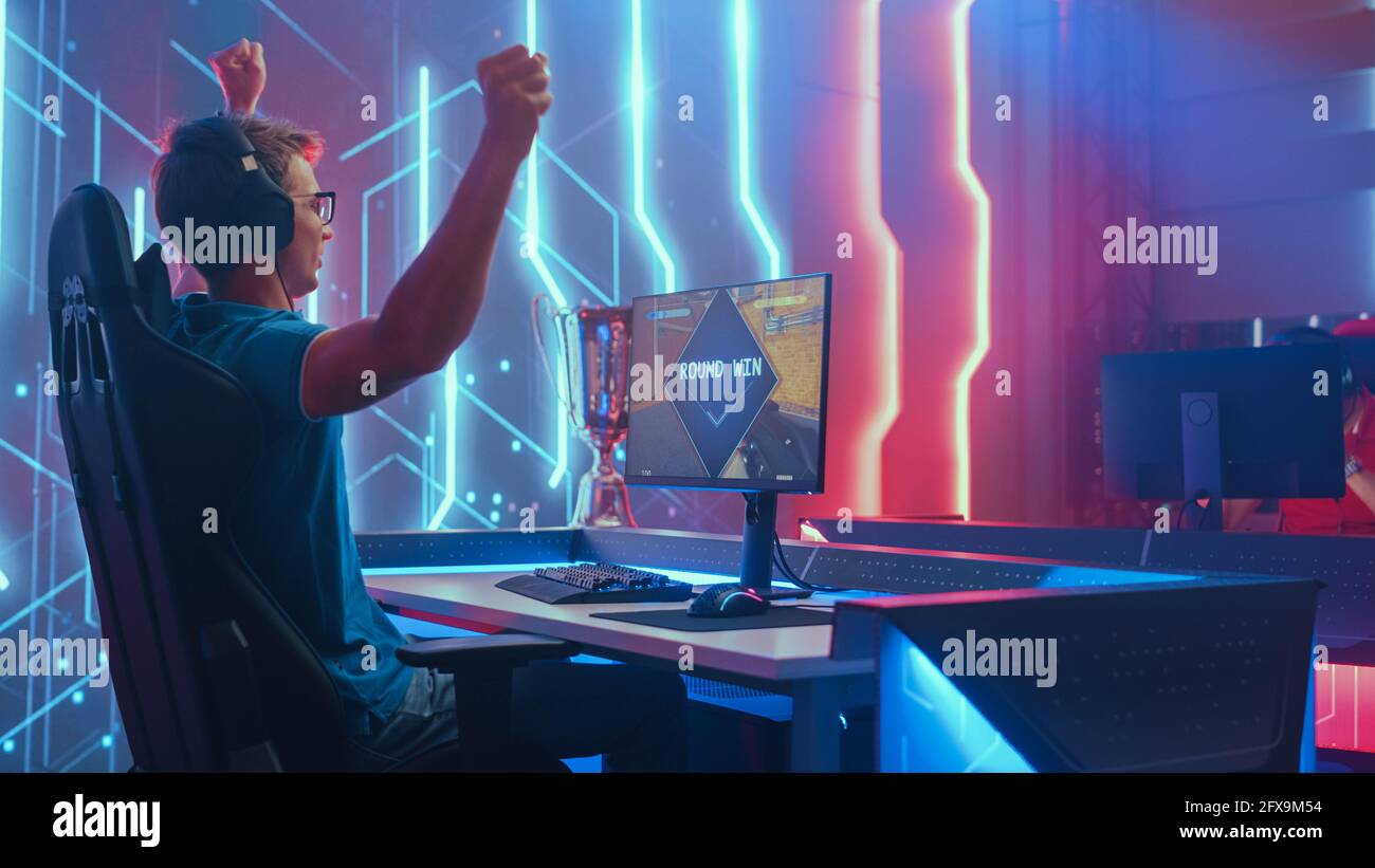 Professional eSports Gamer Plays Mock-up 3D First Person Shooter Video ...