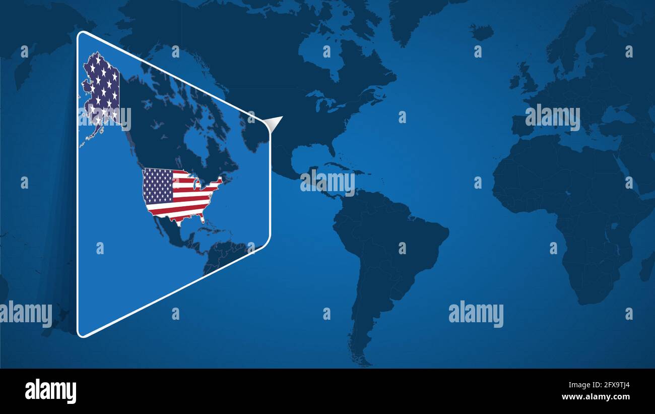 Location of USA on the World Map with Enlarged Map of USA with Flag ...