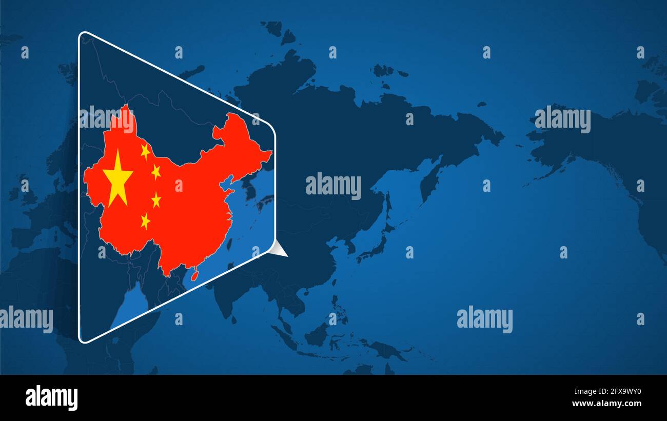 Location of China on the World Map with Enlarged Map of China with Flag ...