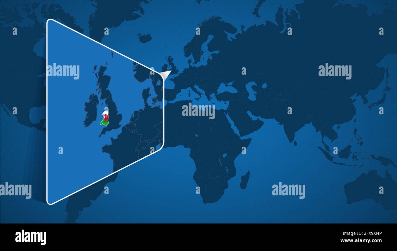 Location of Wales on the World Map with Enlarged Map of Wales with Flag ...