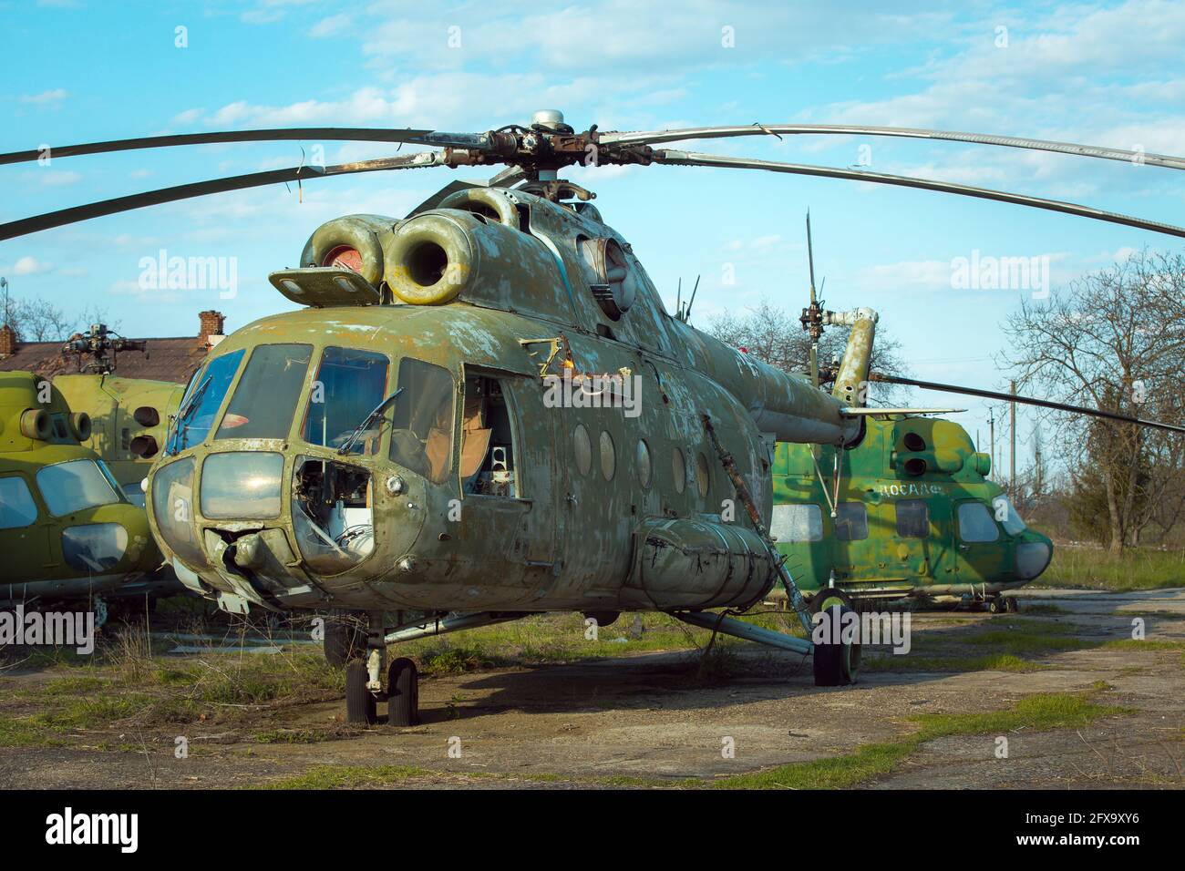 Old Soviet military aircraft standing at the airfield. Rusty used ...
