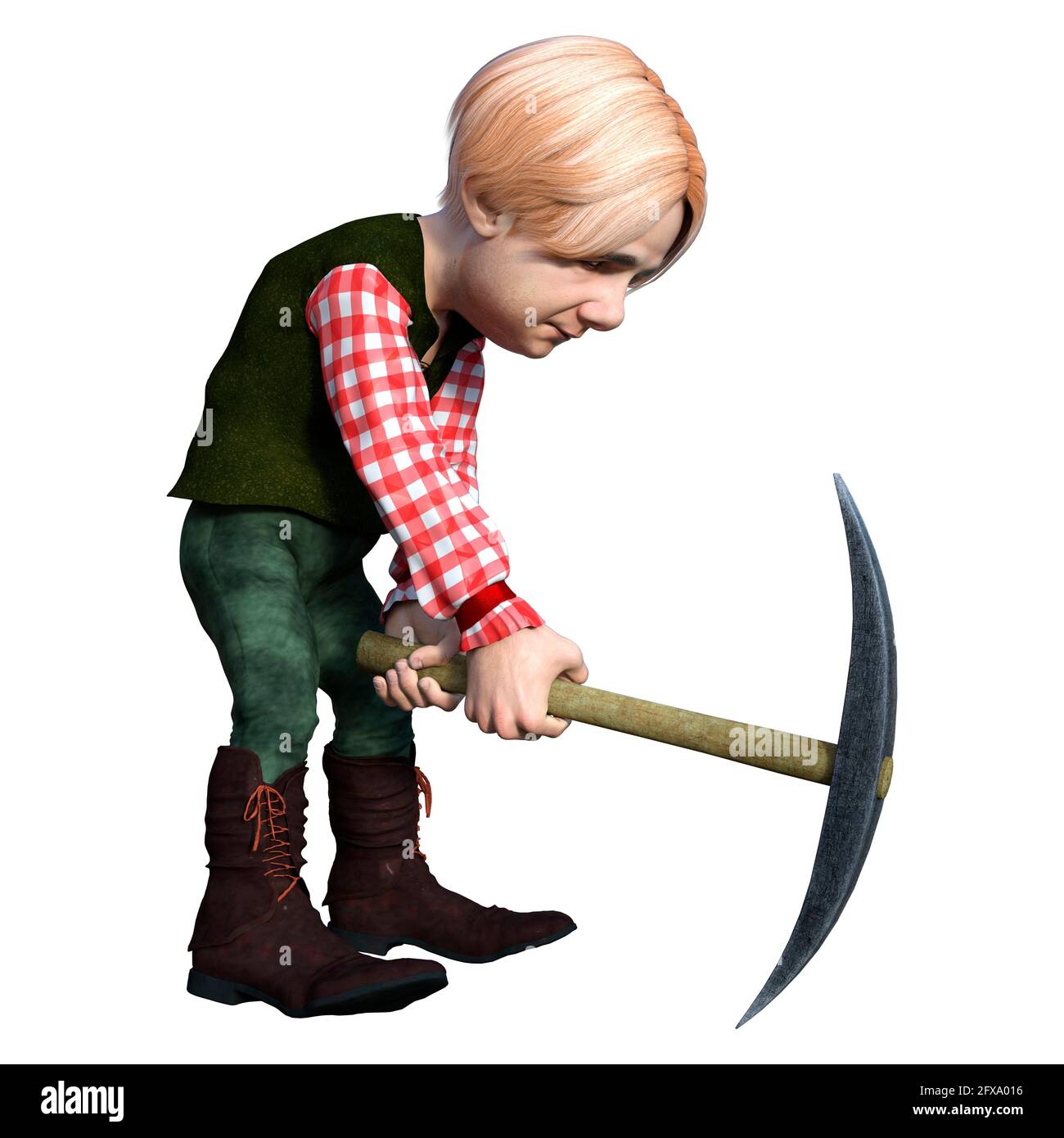 3D rendering of a fantasy dwarf holding an iron pick axe with a wooden ...