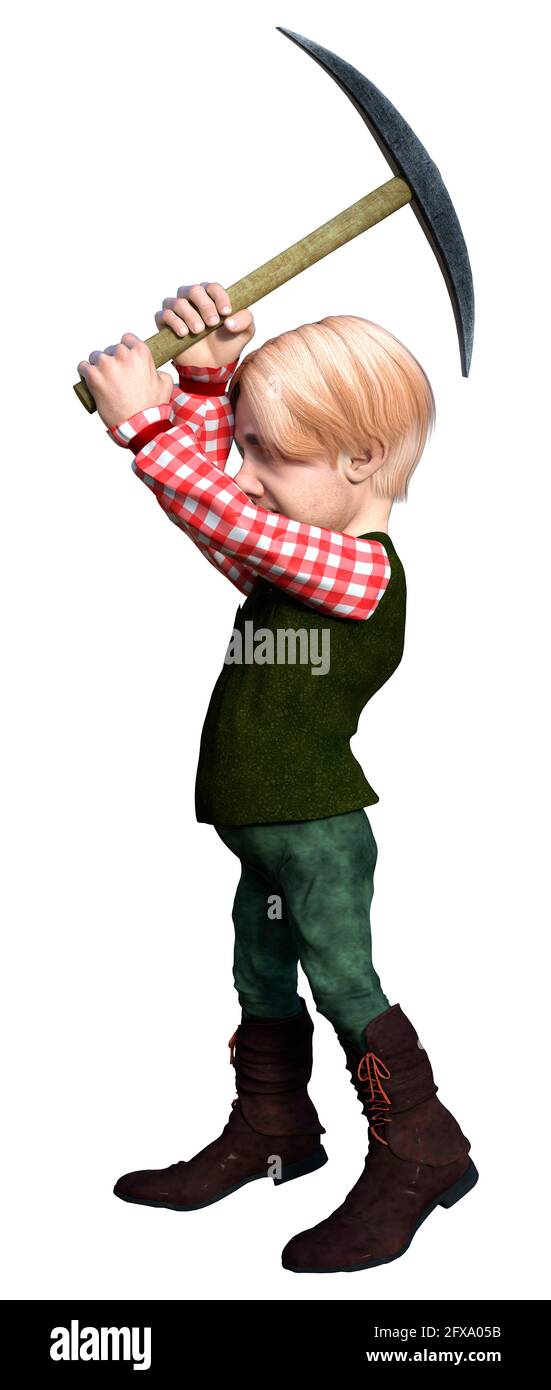 3D rendering of a fantasy dwarf holding an iron pick axe with a wooden ...