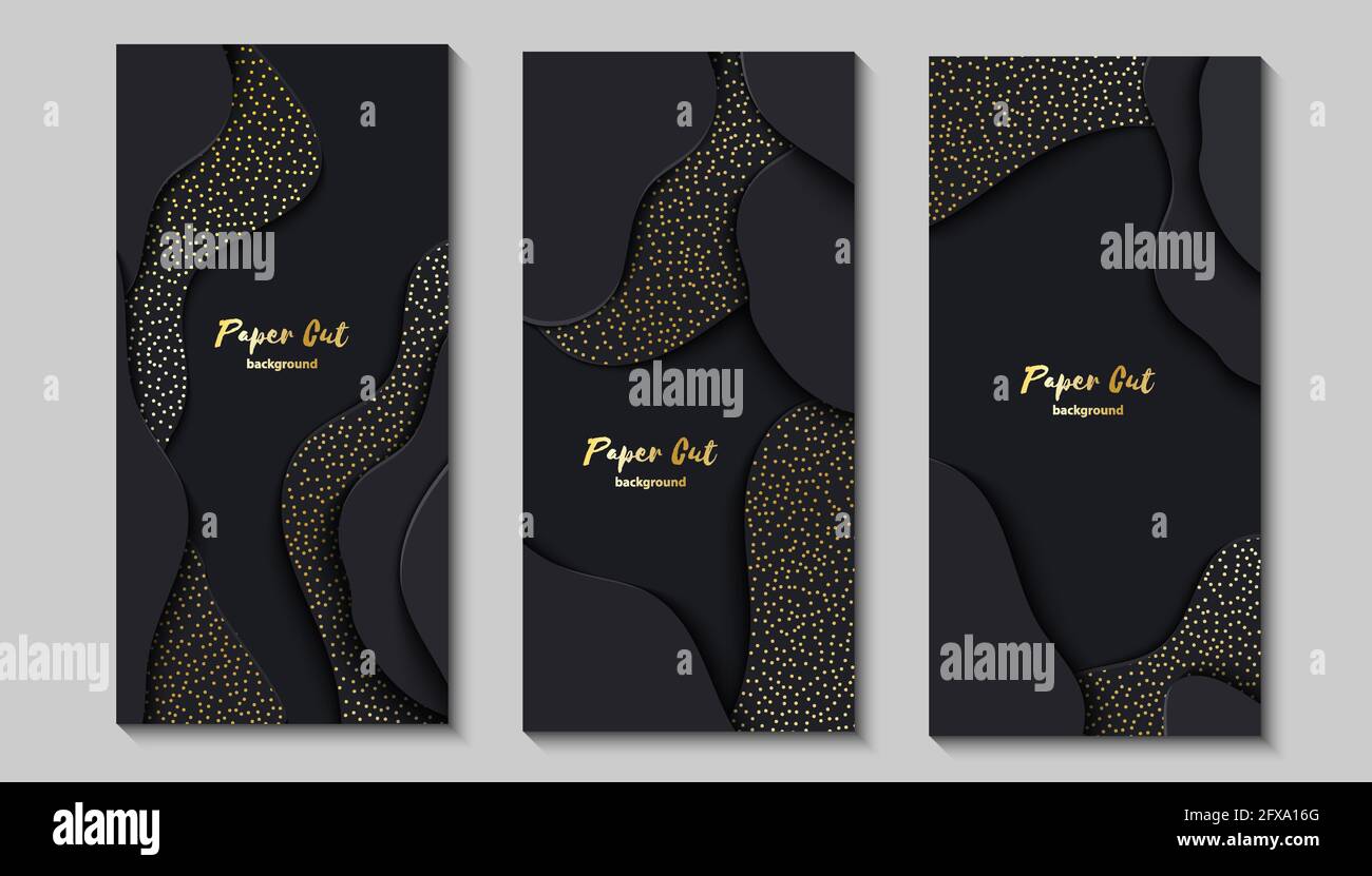Set of three black paper cut 3d banners. Abstract realistic papercut ...
