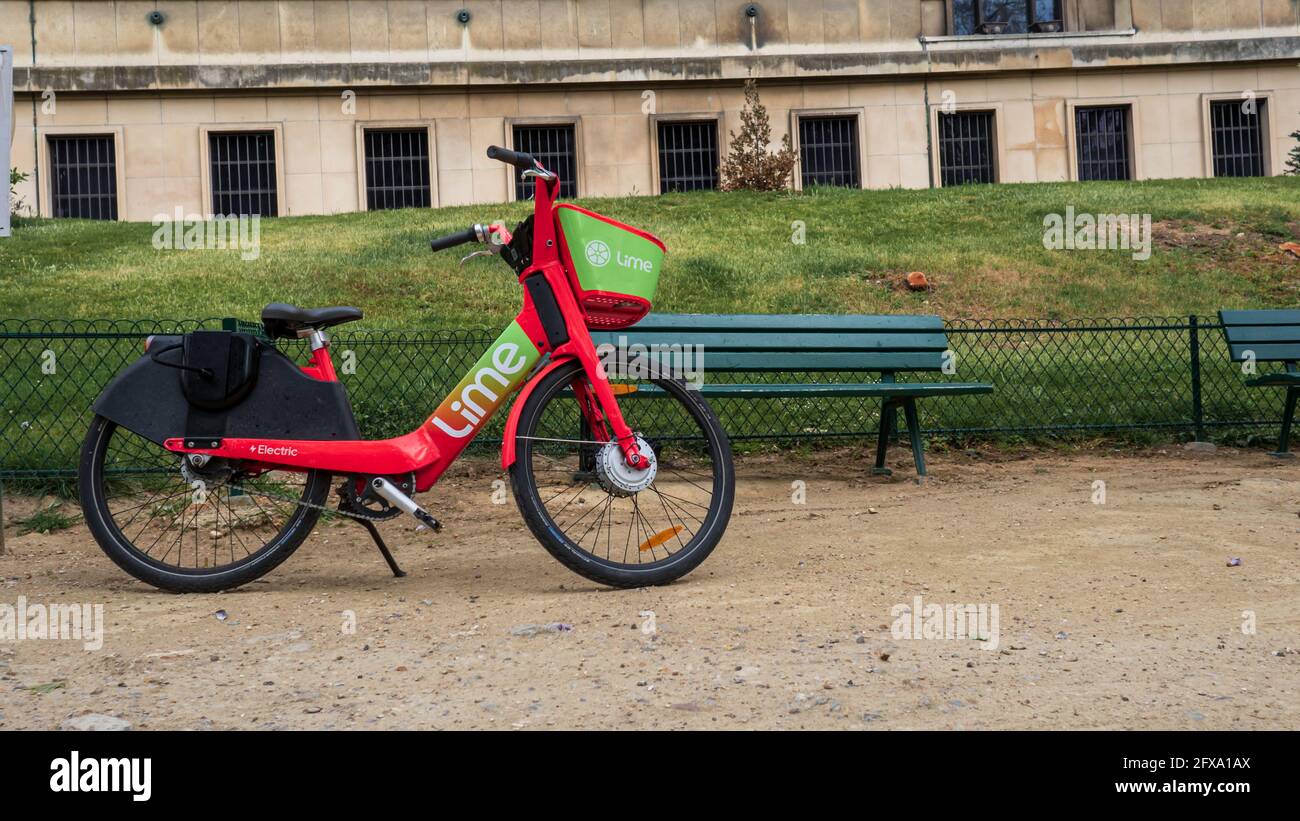 Paris, France. February 14. 2021. Lime rental station of transportation ...