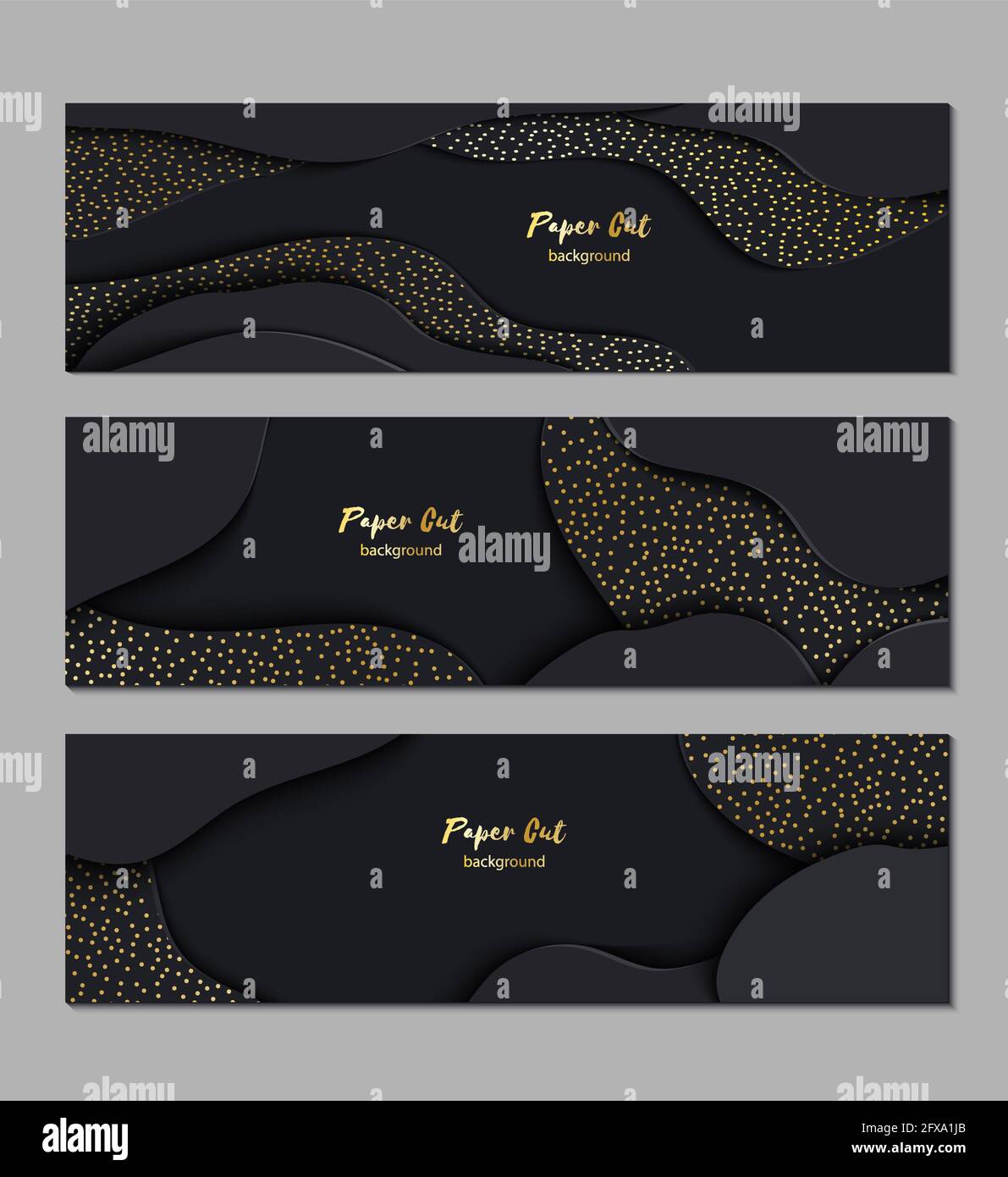 Set of three black paper cut 3d banners. Abstract realistic papercut ...