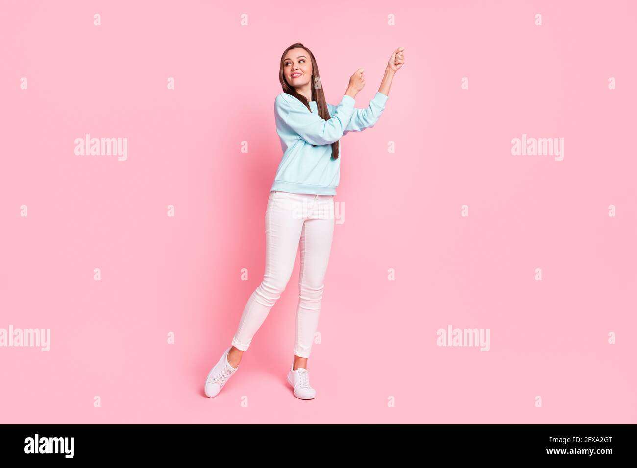 Full length photo of pretty person dance have nice weekend look empty ...