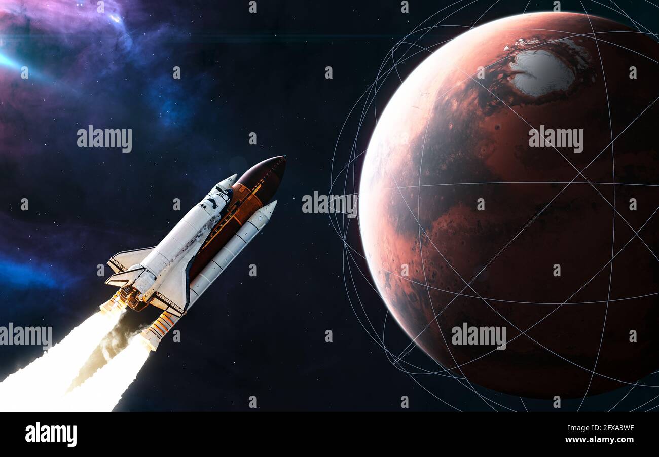 The red planet of solar system. Mars. Visualization of satellite orbits ...