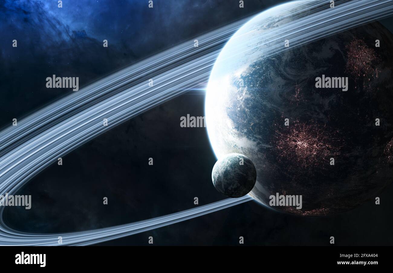 Inhabited planet in deep space with satellite. Beautiful cosmic ...