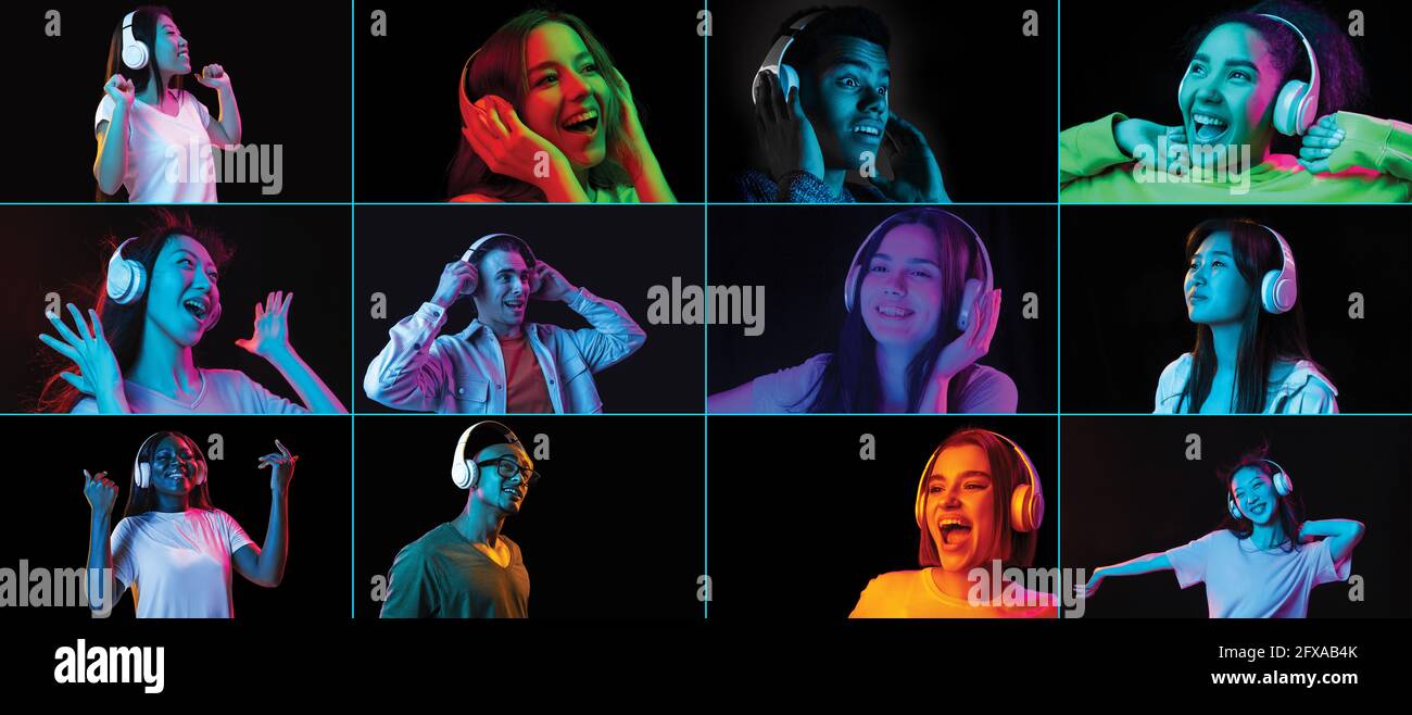 Portraits of group of people on multicolored background in neon light ...