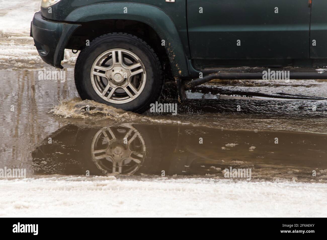 The wheel of a car driving through a deep muddy puddle of melted snow ...