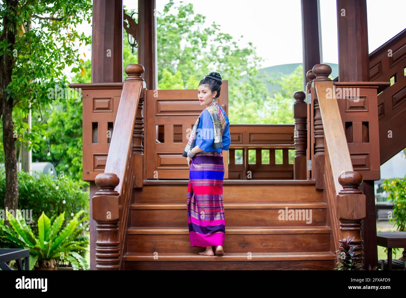 Portrait of Thai farmers wearing Thai traditional dress in rural of ...