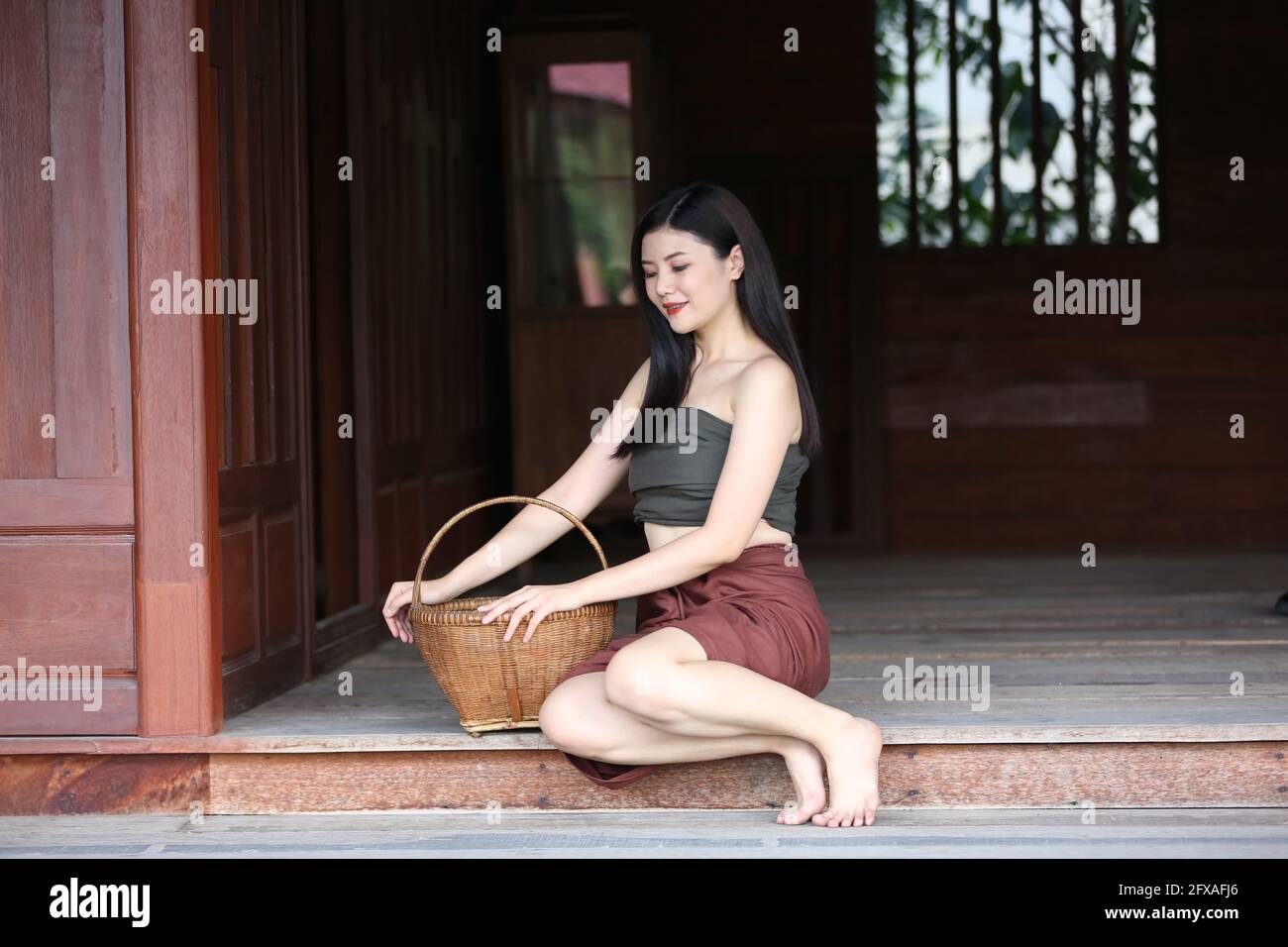 Portrait of Thai farmers wearing Thai traditional dress in rural of ...