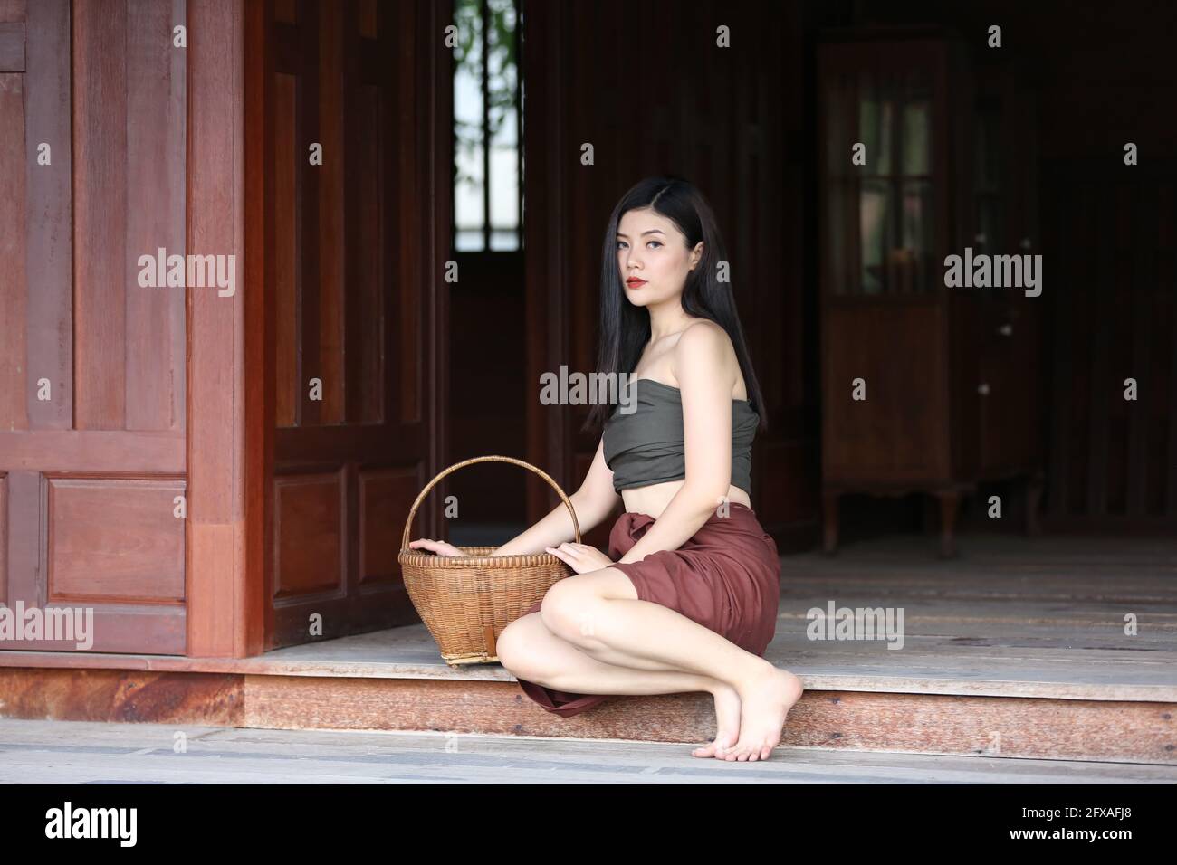 Portrait of Thai farmers wearing Thai traditional dress in rural of ...