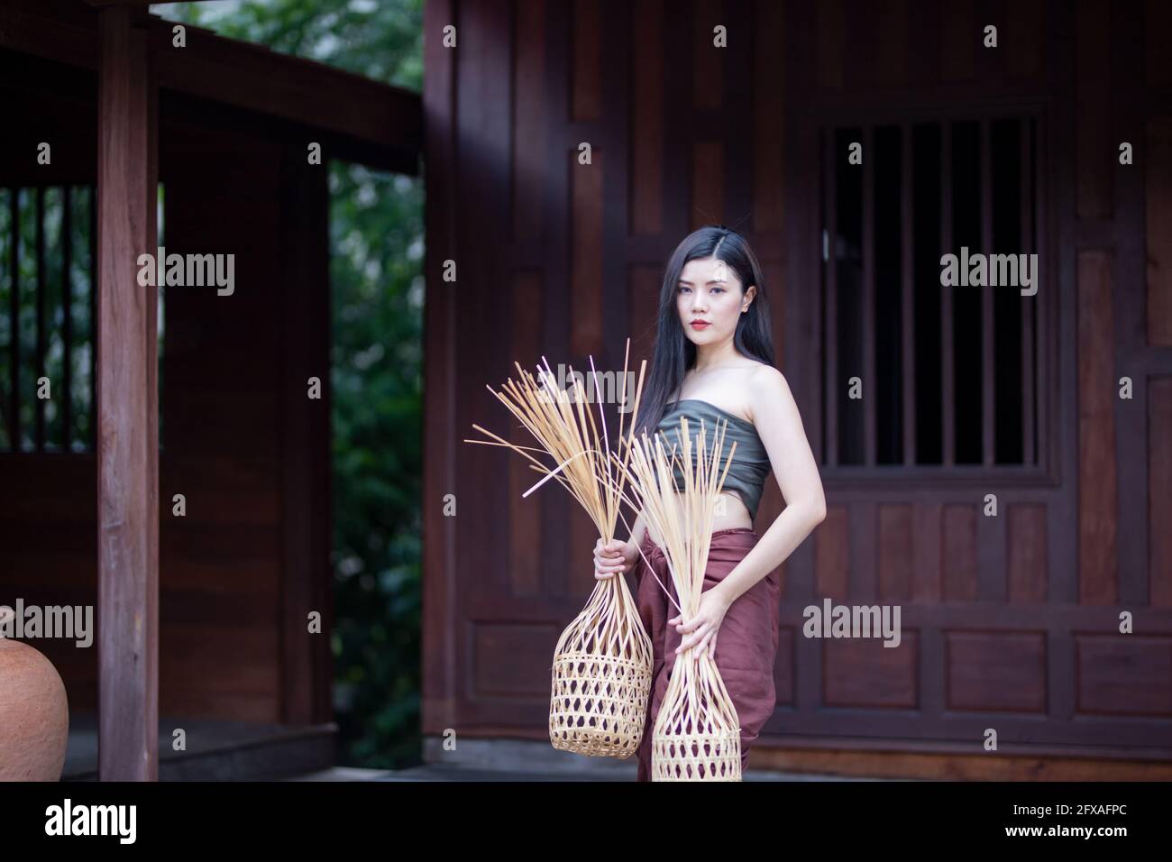 Portrait of Thai farmers wearing Thai traditional dress in rural of ...