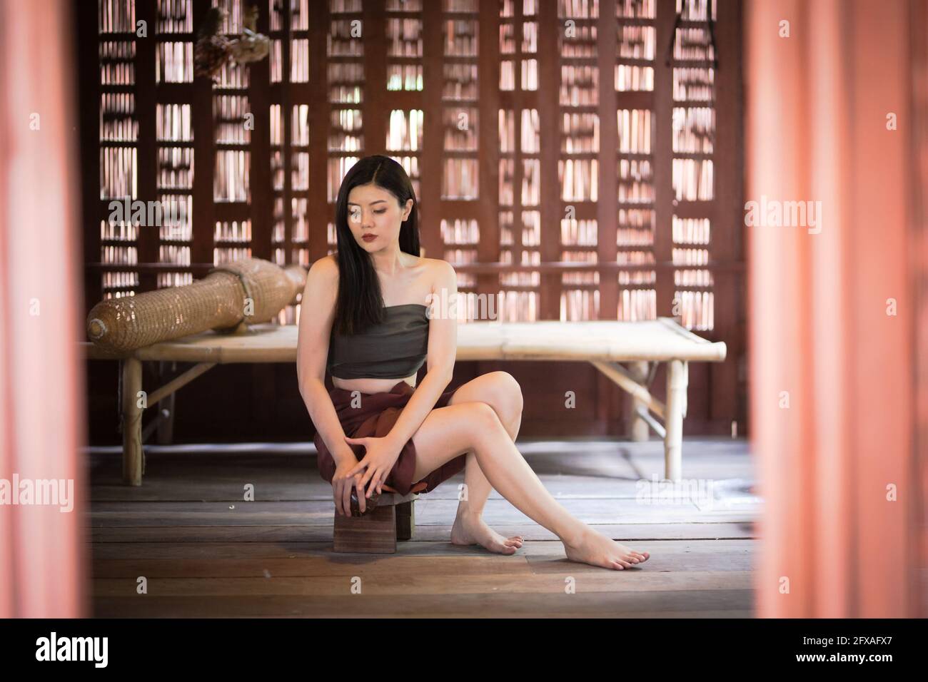 Portrait of Thai farmers wearing Thai traditional dress in rural of ...