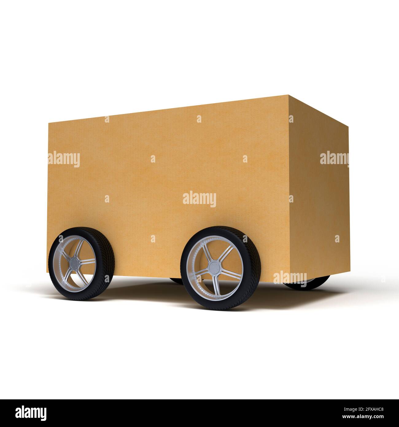 Cardboard box on wheels isolated on white background. 3D rendering ...