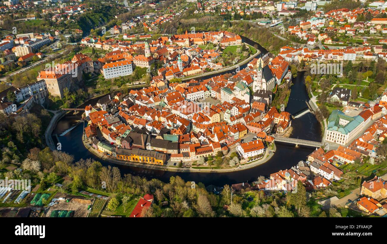 Panoramic view from above of amazing touristic old town Cesky Krumlov and river Vltava, Czech ...