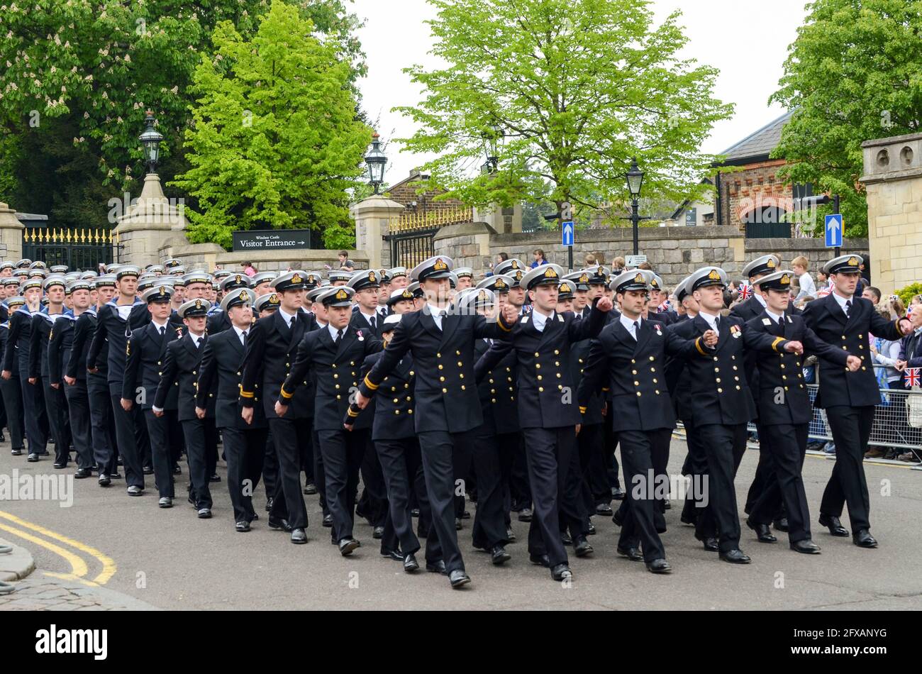 Royal Navy military personnel marching out of Windsor Castle during ...