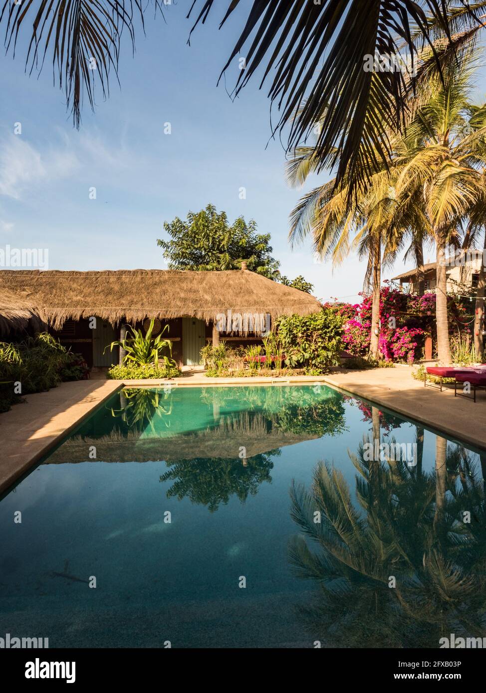Senegal, Africa - Jan 2019: Table with tableware awaits guests and deck ...